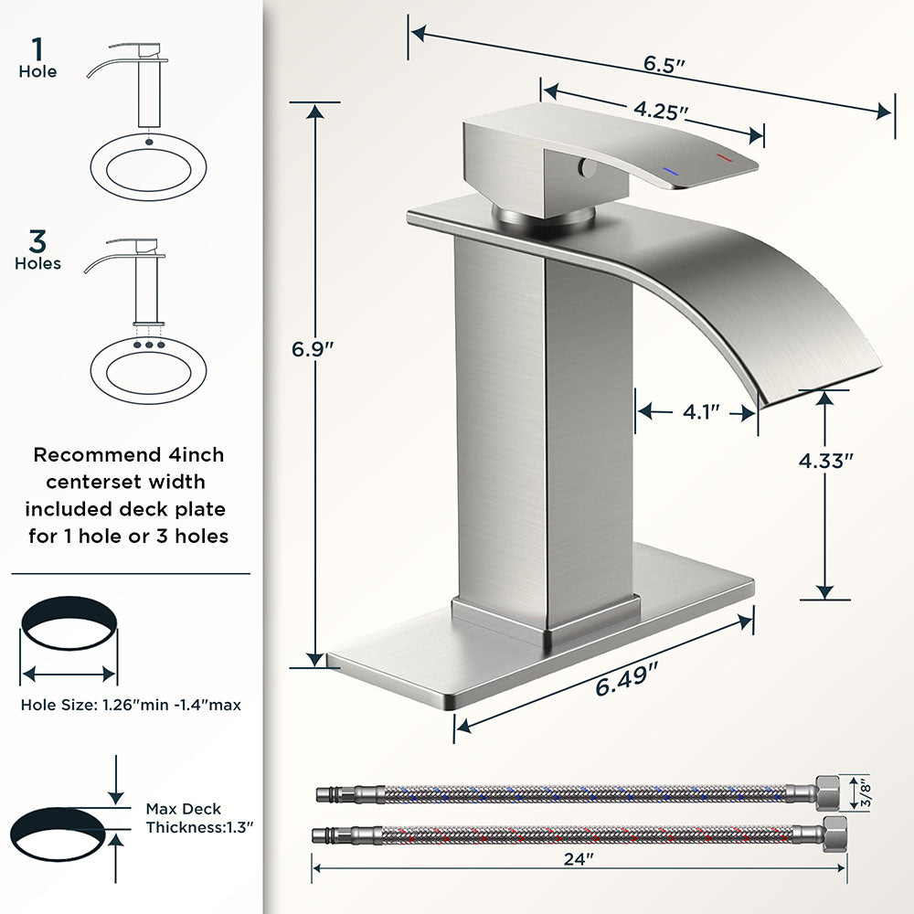 FORIOUS Brushed Gold Waterfall Bathroom Faucets 1 or 3 Hole, Vanity Si ...